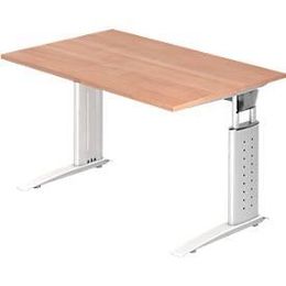 Schreibtisch TARVIS, C-Fuß, Quadrat, B 1200 mm, Gestell weiß, höhenverstellbar, Nussbaum