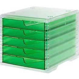 Schubladenbox Styro® Styroswing light, 5 Schübe, Auszugsperre & Griffmulde, stapelbar, B 270 x T 340 x H 255 mm, PolyStyrol, transparent-grün