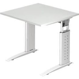 Schreibtisch TARVIS, C-Fuß, Quadrat, B 800 mm, Gestell weiß, höhenverstellbar, lichtgrau