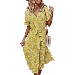 FIDDY A-Linien-Kleid Damen V-Ausschnitt Midi-Hemdkleid Strandkleider Polka Dots Knopfkleid