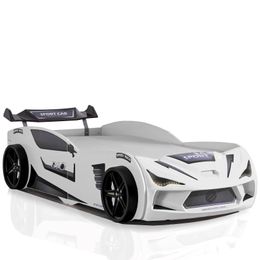 Autobett 90x200 Rio Kinderbett mit LED Leuchte und Lattenrost Wei&szlig;