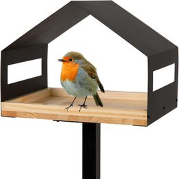 Wondermake - Design Vogelhaus mit Ständer aus Metall und Holz wetterfest, modernes Vogelfutterhaus groß Metalldach stehend, Vogelhäuschen Futterhaus