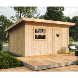 Gartenhaus Silvia aus Massiv-Holz, Gerätehaus modern mit Fußboden, Garten Holzhaus mit großem Fenster, Home-Office-Haus 470 x 470 cm 70 mm