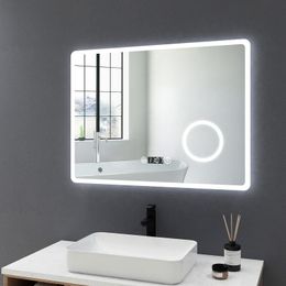 Meykoers Badspiegel mit Beleuchtung Badezimmerspiegel mit 3-Fach Vergrößerung Kaltweiß LED Wandspiegel 80x60cm mit Touch-Schalter, Anti-Beschlag, Uhr