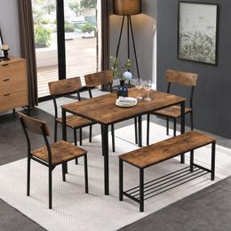 Esstisch Stühle Set aus Bänke + 4 Stahlstühle für Küche, Esszimmer, Wohnzimmer Braun