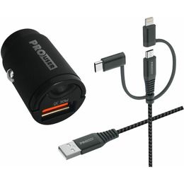 Pro User Kfz USB-Lader-Set 20176, qc, extra klein, 3in1 USB-Kabel, schwarz - Prouser