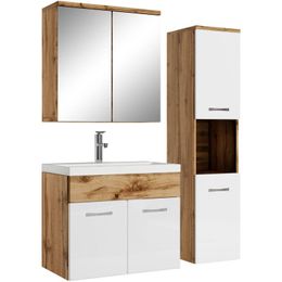 Badplaats Badezimmer Badmöbel Set Montreal mit Spiegelschrank 60cm Waschbecken Eiche mit Weiß - Unterschrank Hochschrank Waschtisch Möbel - Eiche mit hochglanz