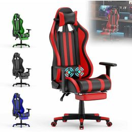 Gaming Stuhl, Bürostuhl Ergonomisch 90-135° Rückenlehne Verstellbar mit Massage Lendenwirbelstütze, Abnehmbare Kopfstütze und Fußstütze (Rot)
