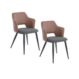 Set mit 2 skandinavischen Esszimmerstühlen, Sessel mit Armlehnen, dunkelgraues Sitzkissen, braune Rückenlehne, Kontrastfarbe, Metallbeine für Küche,