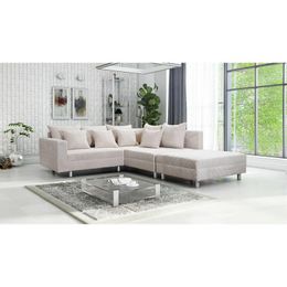 Wohnlandschaft Sofa Couch Ecksofa Eckcouch Cordstoff beige + Hocker Minsk r