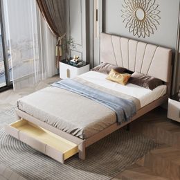 Betten mit Bettkästen Polsterbett Doppelbett 140x200 cm mit großer Schublade Bettkasten Blanc cassé - Beige