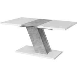 Esstisch Kross, Tischplatte ausziehbar - Beton Optik + Weiß Hochglanz - Beton Optik + Weiß Hochglanz - Vladon