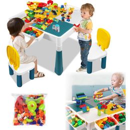 Kindertisch mit 2 Stühle Spieltisch mit 163 Stück Bausteine Multifunktionaler Aktivitätstisch Set für Kinder Baustein Tisch Stuhl Set Basteltisch für