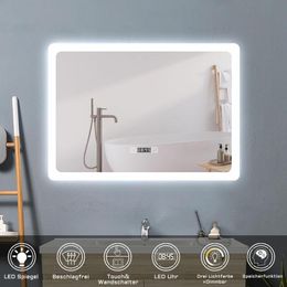 Badspiegel mit Beleuchtung Badezimmerspiegel Wandspiegel Lichtspiegel 80 x 60 cm Beschlagfrei Uhr 3 Lichtfarben Dimmbar led Memory Funktion