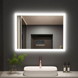 Meykoers Badspiegel mit Beleuchtung 80x60 Badezimmerspiegel Kaltweiß LED Energie Wandspiegel mit Touchschalter, Beschlagfrei, Bluetooth, Uhr