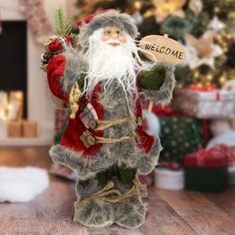 ECD Germany - Weihnachtsmann Deko-Figur, 37 cm hoch, rot/grauer Mantel, grüner Hose, mit Geschenkesack, Santa-Claus Figur Winterdeko Weihnachten