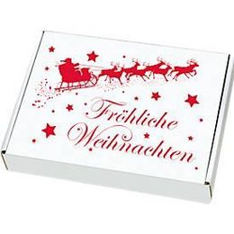 Maxibriefkartons, mit Motiv „Weihnachtsschlitten“, portooptimiert, bis 20 kg, Außenmaße 350 x 250 x 50 mm, Mikrowellpappe, weiß-braun, 20 Stück