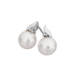 OROLINO Paar Ohrstecker 585 Gold Perlen weiß + Brillanten 0,02ct., grau|silberfarben