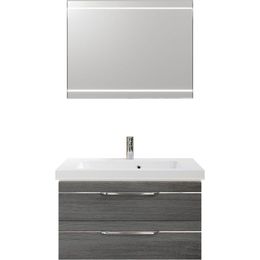 Saphir Badmöbel-Set Balto 2-teilig Mineralmarmor-Waschtisch mit LED-Spiegel, Waschplatz, (2-St), 92 cm breit, mit 2 Schubladen, Badschrank inkl. Schubladendämpfer, grau