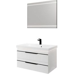Saphir Badmöbel-Set Balto 2-teilig Mineralmarmor-Waschtisch mit LED-Spiegel, Waschplatz, (2-St), 92 cm breit, mit 2 Schubladen, Badschrank inkl. Schubladendämpfer, schwarz|weiß
