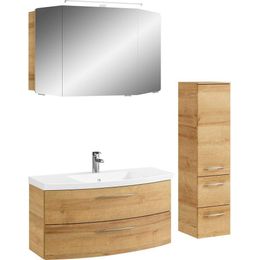 Saphir Badmöbel-Set Cassca Sprint 3-teilig Mineralmarmor-Waschtisch mit LED-Spiegelschrank, (4-St), Midischrank, inkl. Türdämpfer, 4 Türen, 4 Schubladen, braun