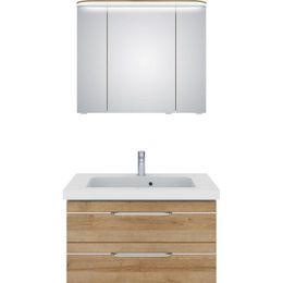 Saphir Badmöbel-Set Balto Sprint 2-teilig, Mineralmarmor-Waschtisch mit LED-Spiegelschrank, (2-St), Badezimmer Set 92 cm breit, inkl. Türdämpfer, 3 Türen, 2 Schubladen, braun