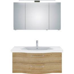 Saphir Badmöbel-Set 6005 Sprint Keramik-Waschtisch mit LED-Spiegelschrank, 122 cm breit, (2-St), Waschplatz inkl. Türdämpfer, 3 Türen, 2 Schubladen, Waschtisch Set, braun