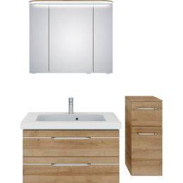 Saphir Badmöbel-Set Balto Sprint 3-teilig, Mineralmarmor-Waschtisch mit LED-Spiegelschrank, (4-St), Badezimmer Set mit Unterschrank inkl Türdämpfer, 4 Türen, 3 Schubladen, braun