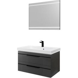 Saphir Badmöbel-Set Balto 2-teilig Mineralmarmor-Waschtisch mit LED-Spiegel, Waschplatz, (2-St), 92 cm breit, mit 2 Schubladen, Badschrank inkl. Schubladendämpfer, grau|schwarz