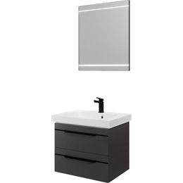 Saphir Badmöbel-Set Balto, (2-St), 64,4 cm mit LED-Spiegel, Mineralmarmor-Waschtisch und 2 Auszüge, grau|schwarz