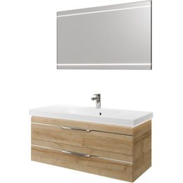 Saphir Badmöbel-Set Balto 2-teilig Mineralmarmor-Waschtisch mit LED-Spiegel, 123 cm breit, (2-St), Waschplatz mit 2 Schubladen, Badschrank inkl. Schubladendämpfer, braun