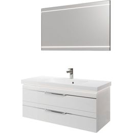 Saphir Badmöbel-Set Balto 2-teilig Mineralmarmor-Waschtisch mit LED-Spiegel, 123 cm breit, (2-St), Waschplatz mit 2 Schubladen, Badschrank inkl. Schubladendämpfer, weiß