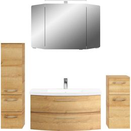 Saphir Badezimmer-Set Cassca Sprint 4-teilig Mineralmarmor-Waschtisch mit LED-Spiegelschrank, (5-St), Midischrank, Unterschrank, inkl. Türdämpfer, 5 Türen, 5 Schubladen, braun
