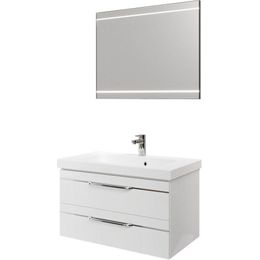 Saphir Badmöbel-Set Balto 2-teilig Mineralmarmor-Waschtisch mit LED-Spiegel, Waschplatz, (2-St), 92 cm breit, mit 2 Schubladen, Badschrank inkl. Schubladendämpfer, weiß