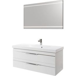 Saphir Badmöbel-Set Balto 2-teilig Mineralmarmor-Waschtisch mit LED-Spiegel, 123 cm breit, (2-St), Waschplatz mit 2 Schubladen, Badschrank inkl. Schubladendämpfer, weiß