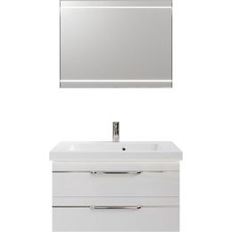Saphir Badmöbel-Set Balto 2-teilig Mineralmarmor-Waschtisch mit LED-Spiegel, Waschplatz, (2-St), 92 cm breit, mit 2 Schubladen, Badschrank inkl. Schubladendämpfer, weiß