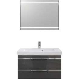 Saphir Badmöbel-Set Balto 2-teilig Mineralmarmor-Waschtisch mit LED-Spiegel, Waschplatz, (2-St), 92 cm breit, mit 2 Schubladen, Badschrank inkl. Schubladendämpfer, grau