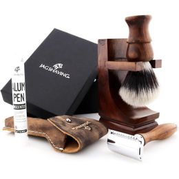 JAG SHAVING Rasierpinsel-Set 4-Piece Wooden Shaving Set – Synthetic Silver Tip Hair Shaving Brush