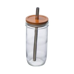 Macma Becher Trinkbecher aus Glas mit Bambusdeckel und Trinkhalm / Füllvermögen: 65