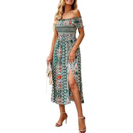 Orient Phoenix Maxikleid Damen-Kleid Niedliches Sommer-Maxikleid mit böhmischem Blumenmuster Einschultriges Kleid