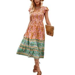 Orient Phoenix Maxikleid Damen Freizeit Volant kurze Ärmel Flügelärmel Druckkleid Maxikleid Geblümtes V-Ausschnitt fließendem hoher Taille Midikleid Strandkleid