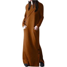 FIDDY Blusenkleid Damen Langarm Herbstkleid Kleid Casual Maxikleid mit Taschen Lockeres