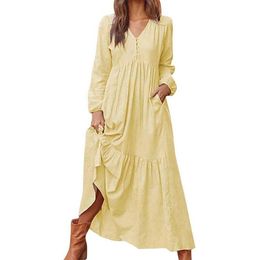 FIDDY Blusenkleid Damen Kleid Elegant V-Ausschnitt A Linie Freizeitkleider Lange Kleid
