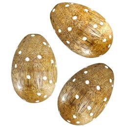 Macosa Home Osterei 3er Set Dekoeier Holz Braun Weiß gepunktet Holzei Osterei Osterdeko (Osterdekoration Ostereier Holzosterei, 3 St.