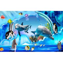 papermoon Fototapete "3D DESIGN Delfine im Meer" Tapeten Gr. B/L: 4,50 m x 2,80 m, Bahnen: 9 St., bunt Fototapeten