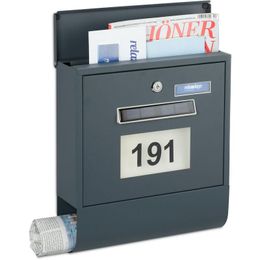 Briefkasten mit Beleuchtung, Zeitungsfach, Hausnummer, Namensschild, Solar, hbt 33,5 x 30,5 x 10 cm, anthrazit - Relaxdays