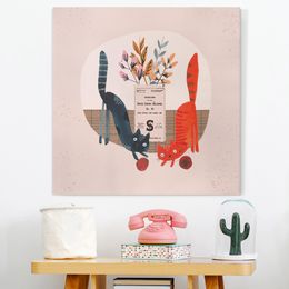 Bilderwelten Leinwandbild Tiere Illustration Kunstdruck rosa - Aufgedrehte Katzen - Katze XXL Jugendzimmer