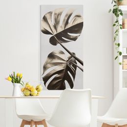Bilderwelten Leinwandbild Goldene Monsterabl&auml;tter - Wandbild bis XXL Print Botanik Tropical Schlafzimmer Wohnzimmer
