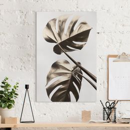 Bilderwelten Leinwandbild Goldene Monsterabl&auml;tter - Wandbild bis XXL Print Botanik Tropical Schlafzimmer Wohnzimmer