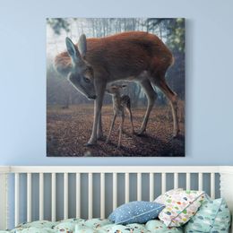 Leinwandbild Mutter und Kitz - Wandbild bis XXL Print Tiere Wohnzimmer Schlafzimmer Bad Badezimmer K&uuml;che Flur Esszimmer Braun
